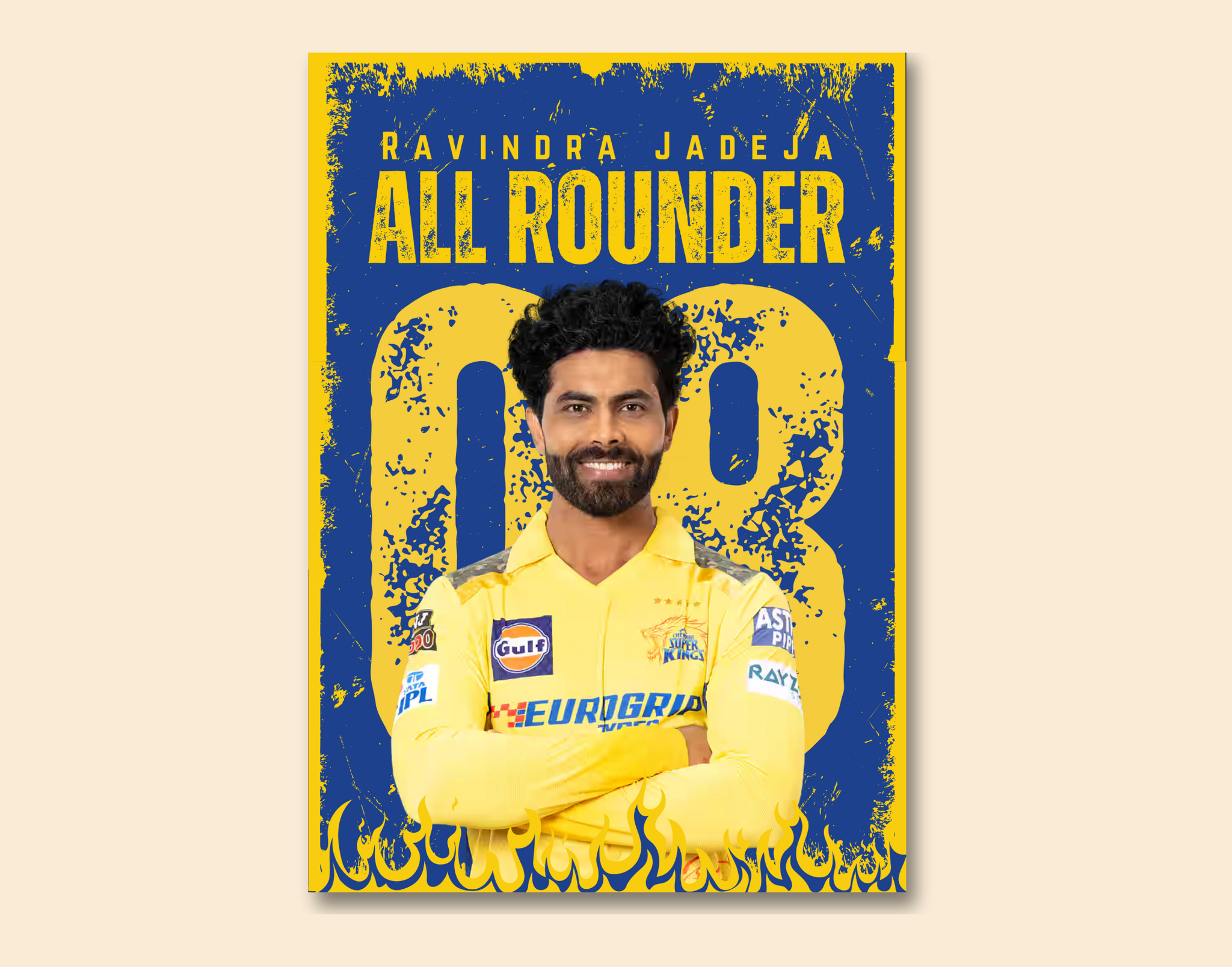 "Ravindra Jadeja #08 Chennai Super Kings"- Shiny & Sturdy Metallic Pos